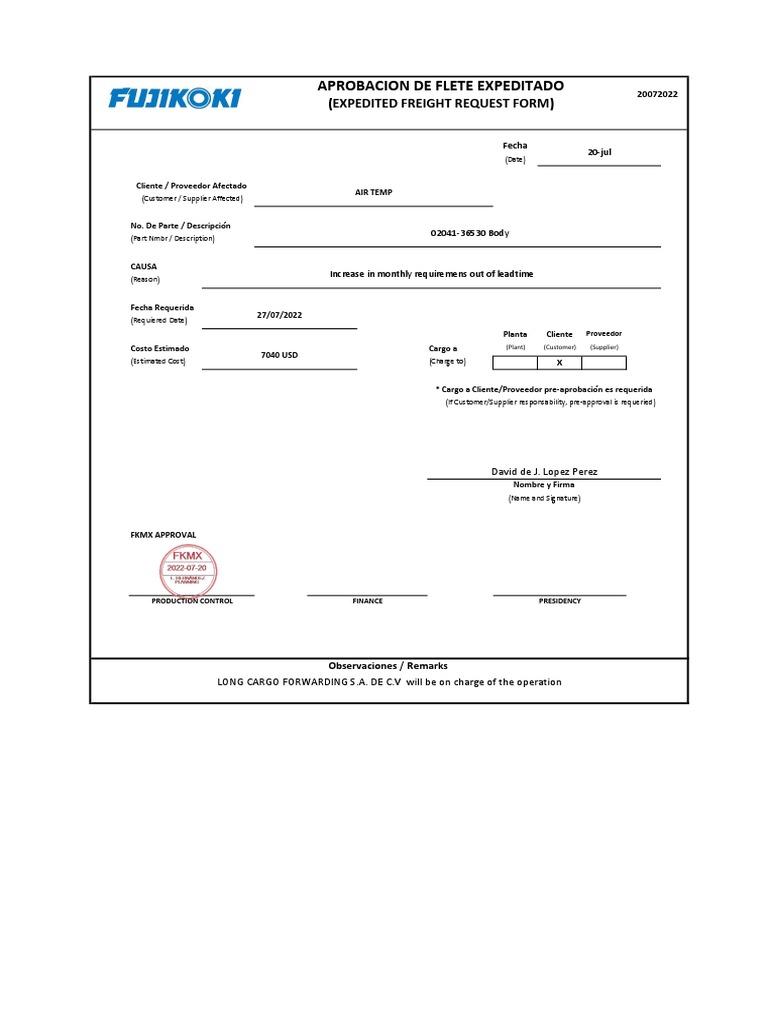 Aprobacion de Flete Expeditado: (Expedited Freight Request Form) | PDF