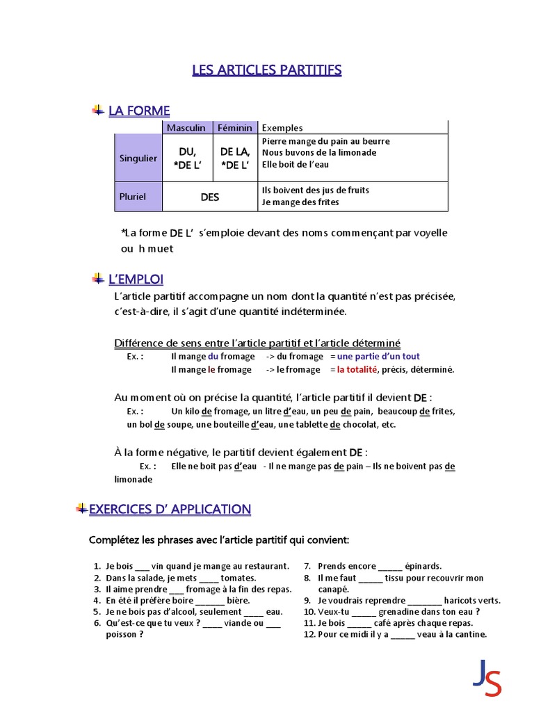 Exercices sur les articles partitifs | PDF | Livres de cuisine ...