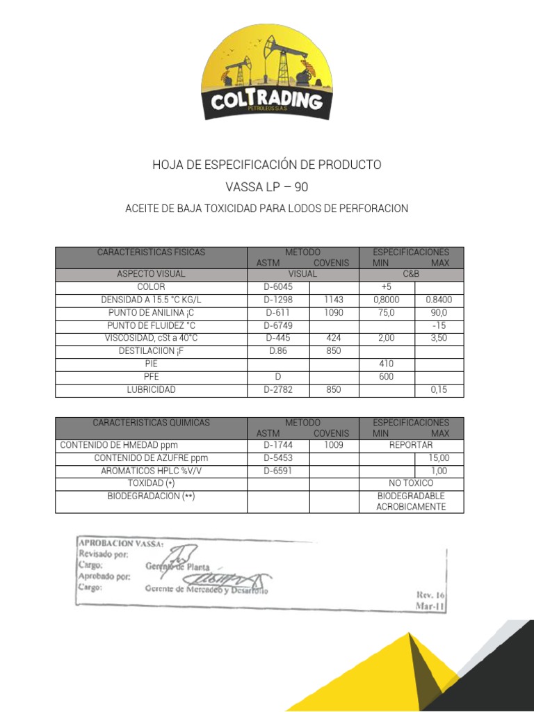 Hoja de Especificaciones Aceite Mineral Vasa lp-90 | PDF