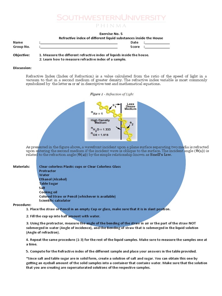 CHE 029 - Exercise No 5 | PDF | Refraction | Refractive Index