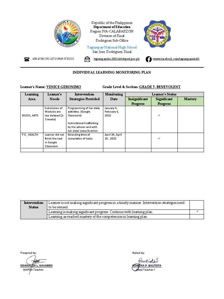 obj 11 Individual-Learning-Monitoring-Plan-MAPEH | PDF | Change | Cognitive Psychology