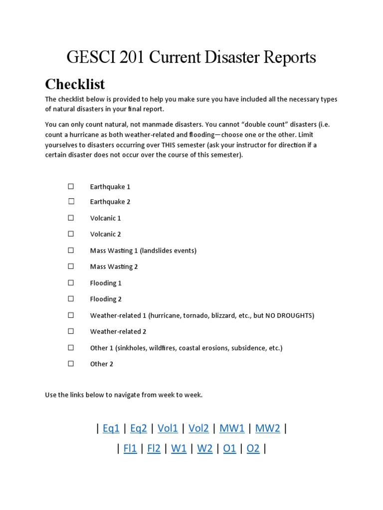 GESCI 201 Current Disaster Reports: Checklist | PDF | Emergency ...