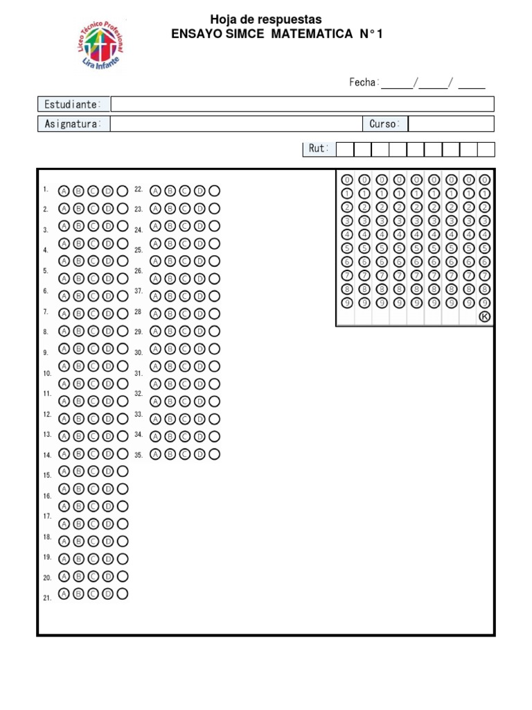 Hoja Respuesta Matematica 1 | PDF
