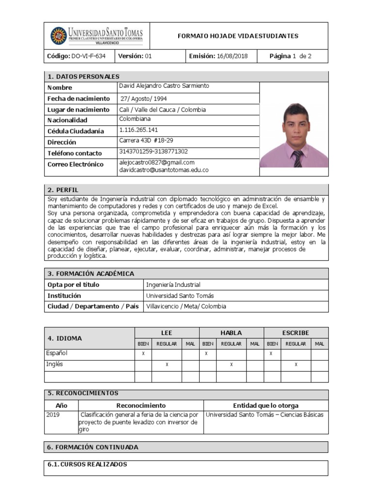 Hoja de Vida David Alejandro Castro Sarmiento 2022 | PDF | Colombia | Ingeniería