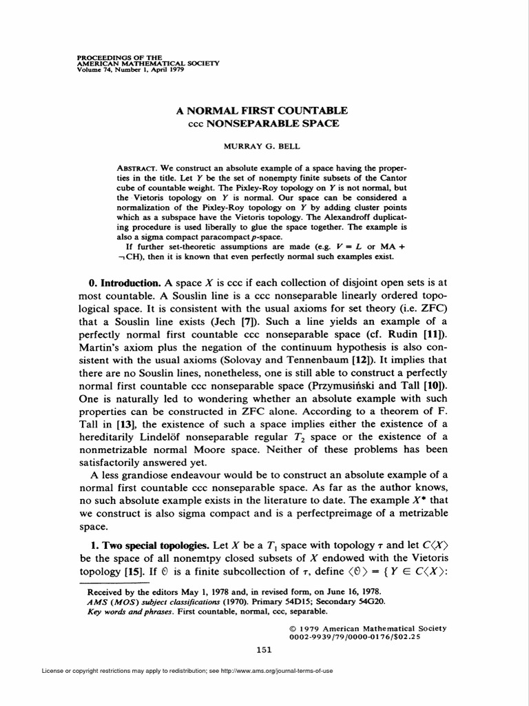 A Normal First Countable CCC Nonseparable Space - Bell | PDF | Set (Mathematics) | Compact Space