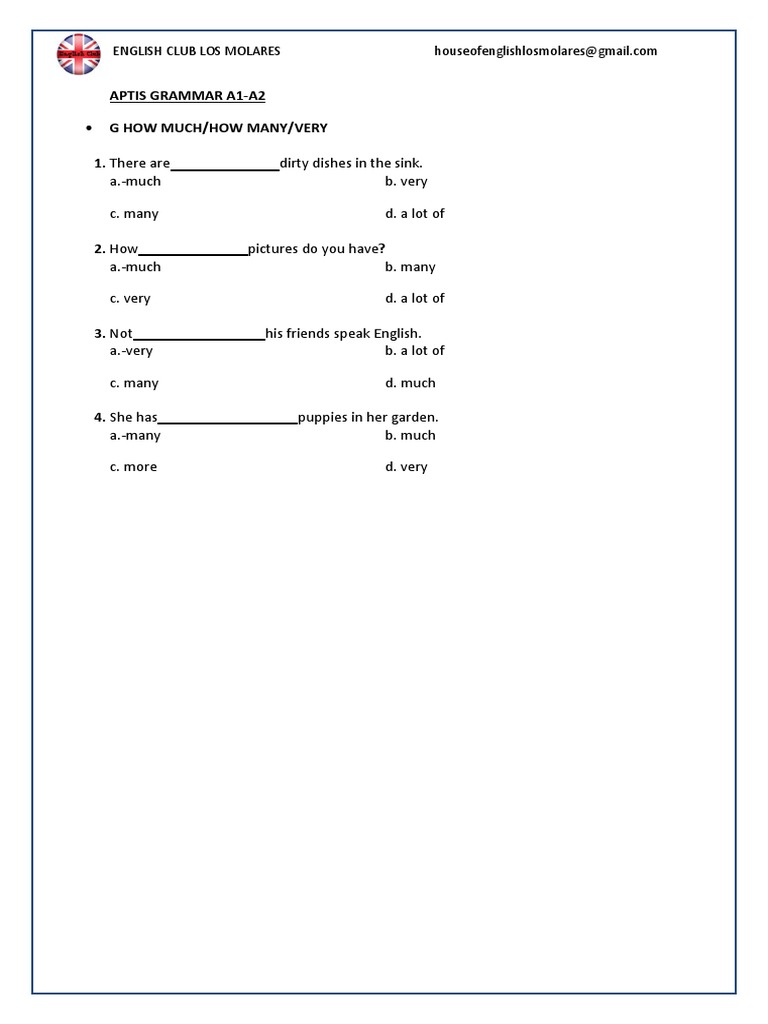 Aptis Grammar A1-A2 G How Much/How Many/Very 1. There Are: English Club ...