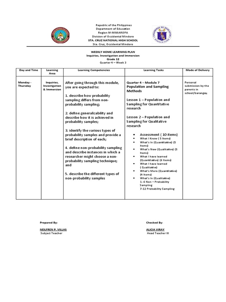 Population and Sampling Methods: Quarter 4 - Module 7 | PDF | Sampling (Statistics ...