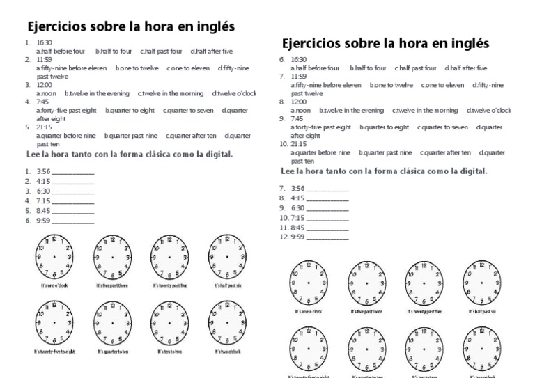 Ejercicios sobre la hora en inglés | PDF