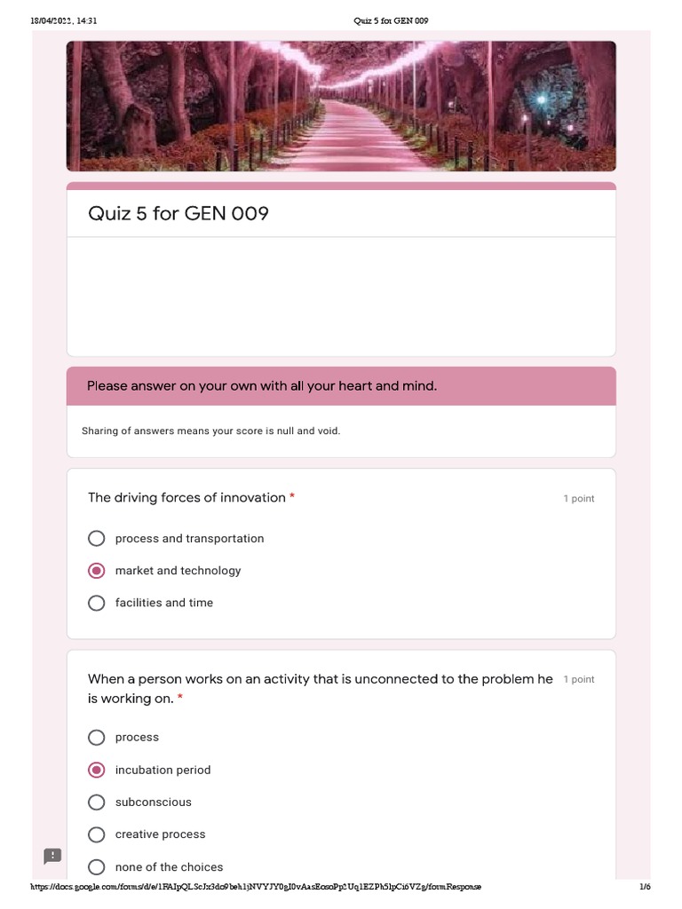 Quiz 5 For GEN 009 PDF | PDF | Creativity | Entrepreneurship