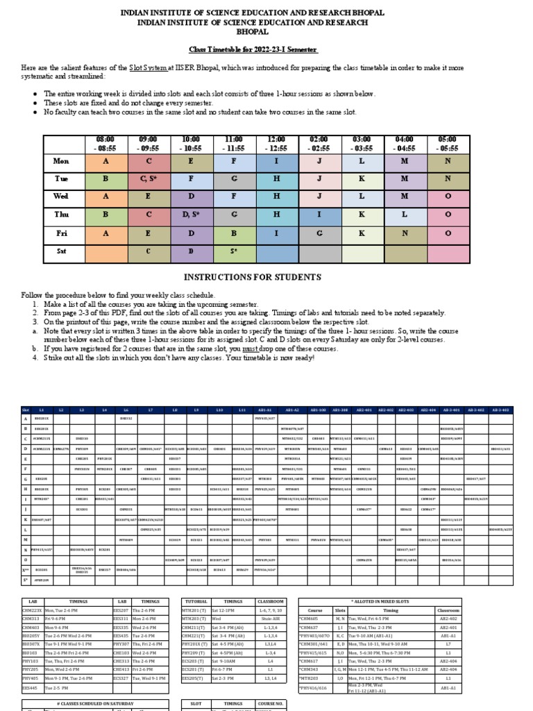 Class Time Table 2022-23-I Semester - August 23 2022 | PDF
