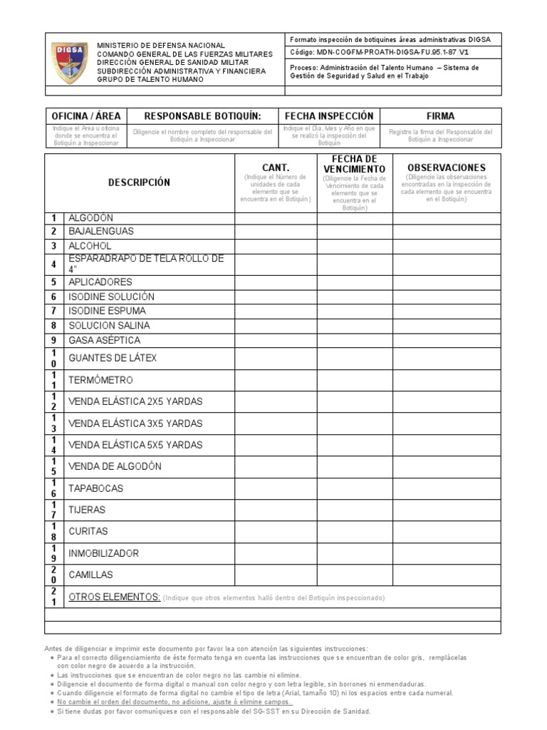 Formato de Inspeccion de Botiquines Areas Administrativas v1 Digsa | PDF