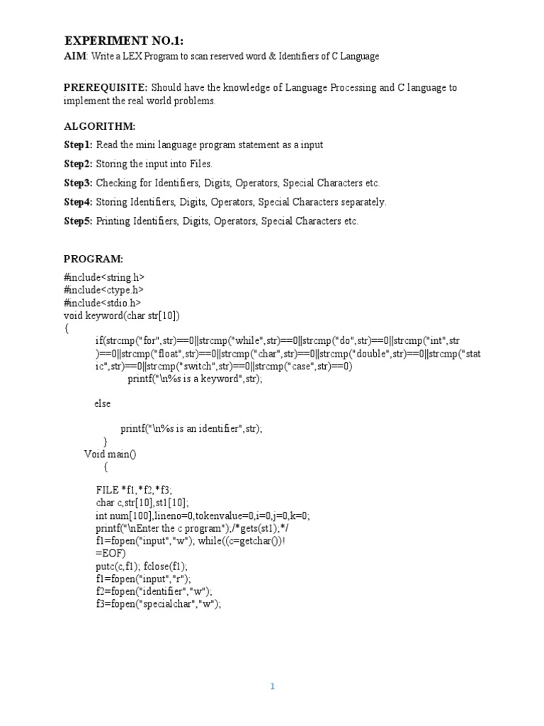 Experiment No.1:: Write A LEX Program To Scan Reserved Word & Identifiers of C Language | PDF ...