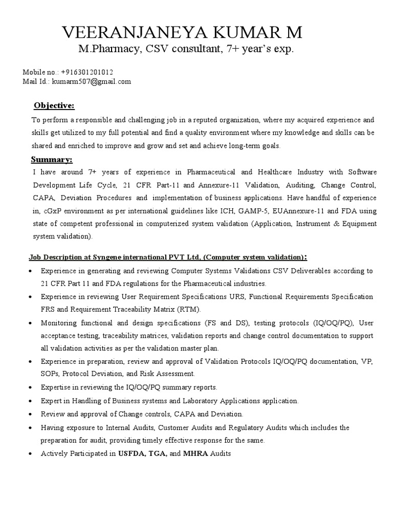 M.V Kumar-7+ Exp-Csv-M.pharamcy | PDF | Verification And Validation ...