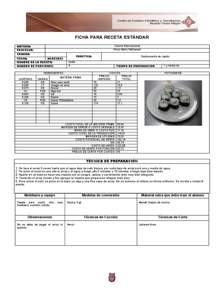 Receta de Sushi: Guía Completa | PDF | Sushi | Arroz