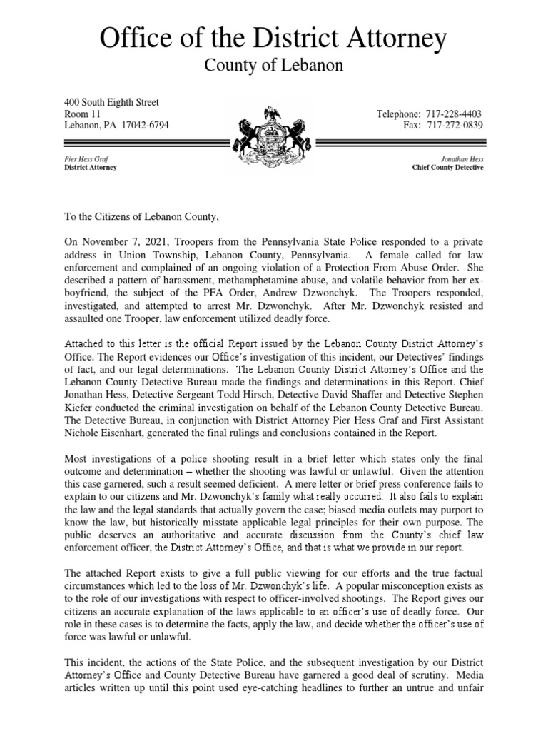 DA Letter and Report-Officer Involved Shooting | PDF | Detective | Police