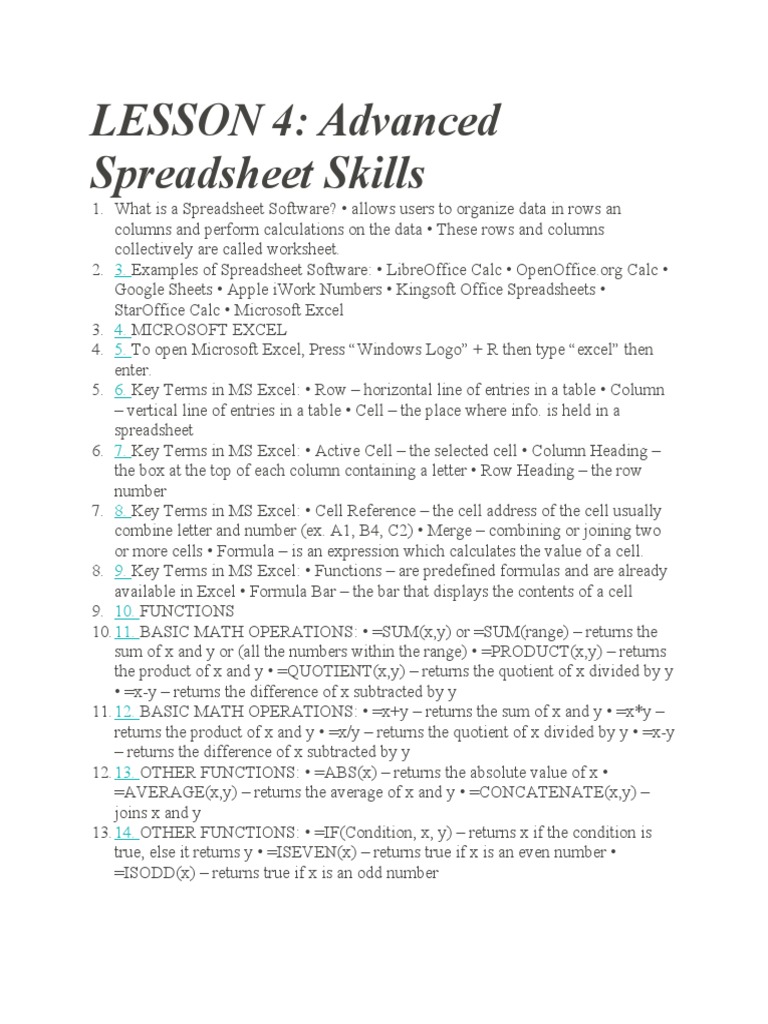 LESSON 4: Advanced Spreadsheet Skills | PDF | Microsoft Excel | Spreadsheet