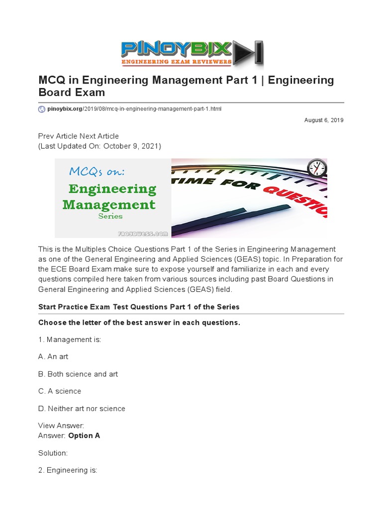 MCQ in Engineering Management Part 1 - Engineering Board Exam | PDF | Project Management ...