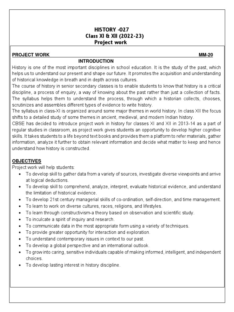 HISTORY - 027 Class XI & XII (2022-23) Project Work | PDF | Teachers ...