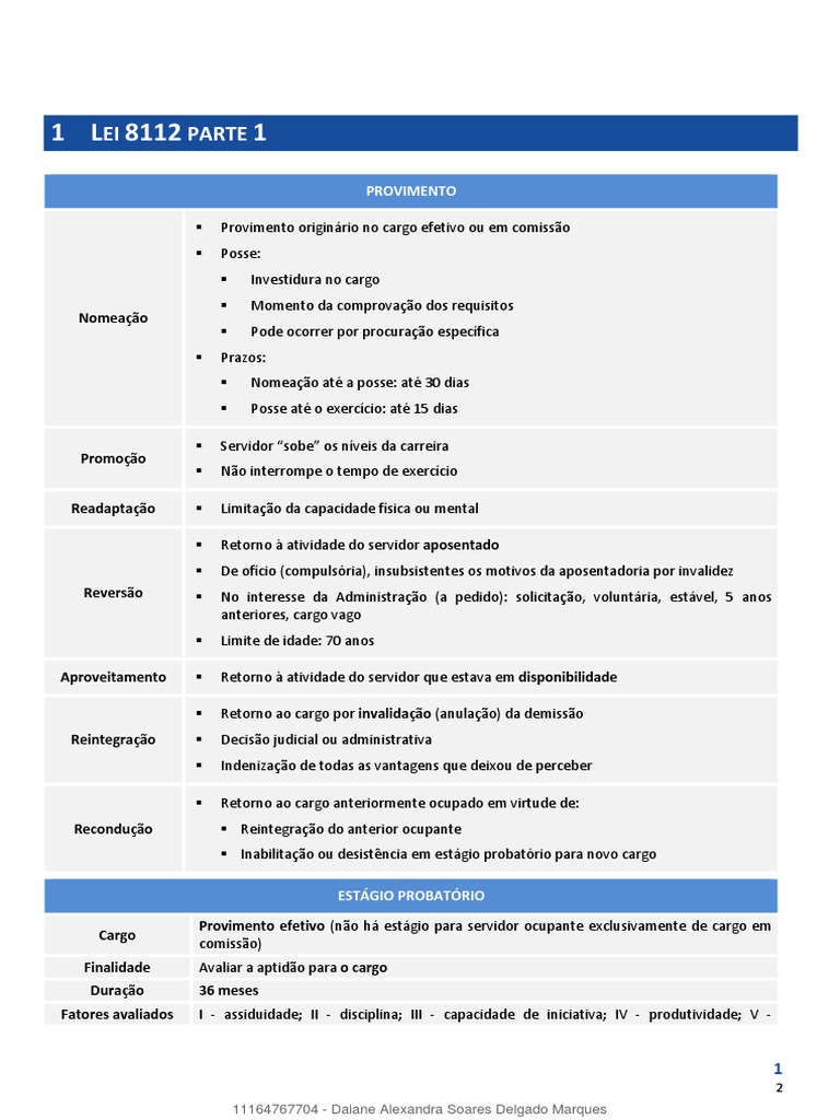 Resumo Lei 8112 Parte 1 | PDF