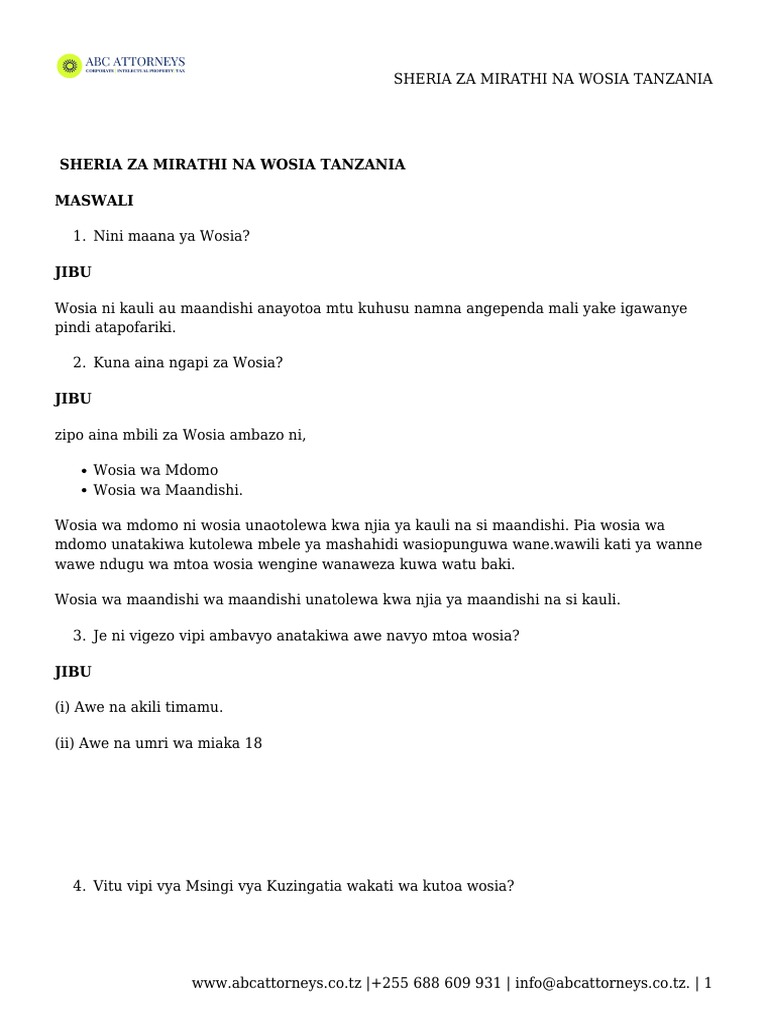 Sheria Za Mirathi Na Wosia Tanzania | PDF