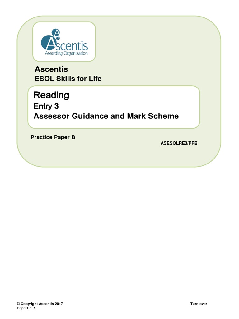 E3 ESOL Reading Assessor Guidance and Markscheme PPB | PDF | English As ...