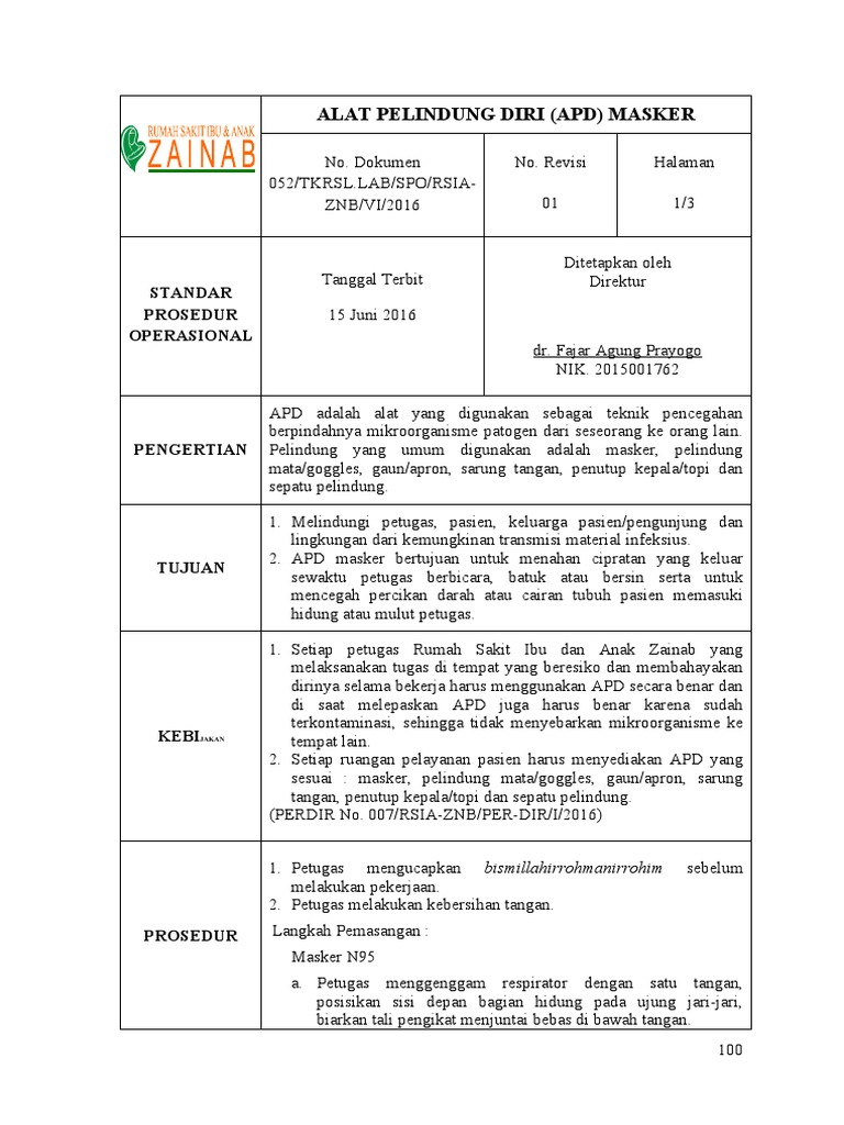 Panduan Penggunaan APD Masker di RSIA Zainab | PDF