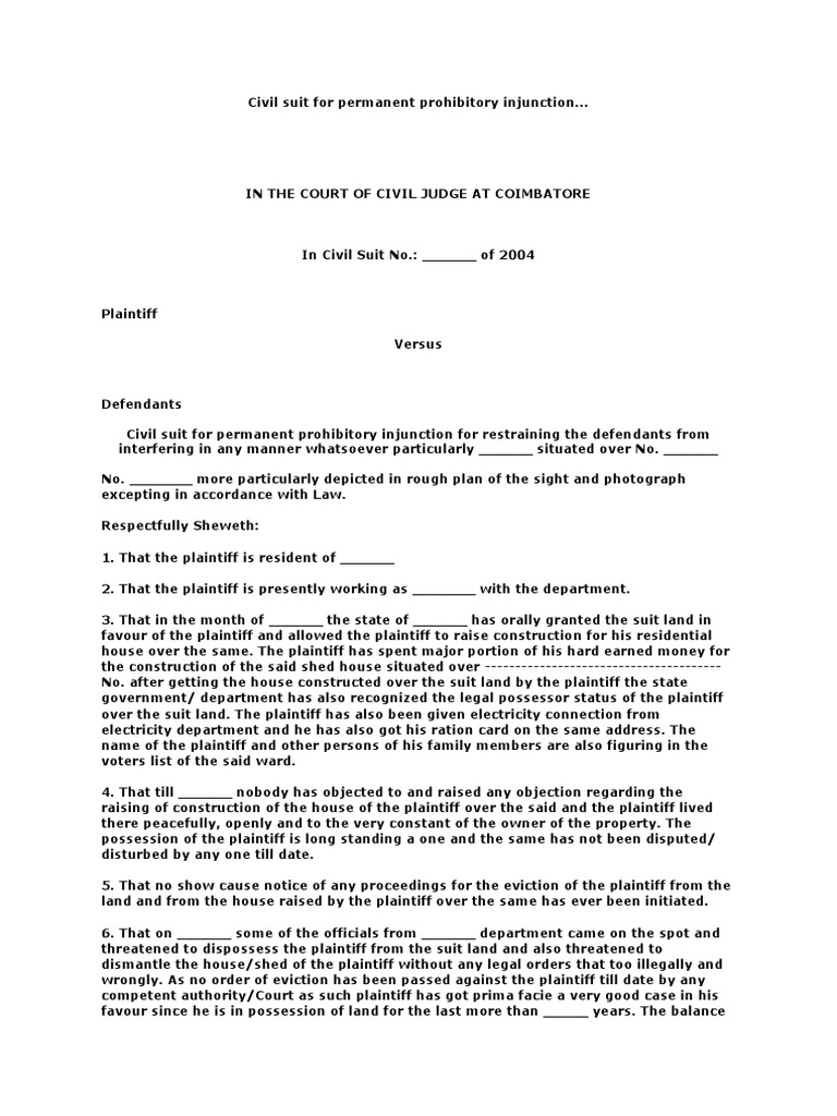 Civil Suit For Permanent Prohibitory Injunction | PDF | Lawsuit ...