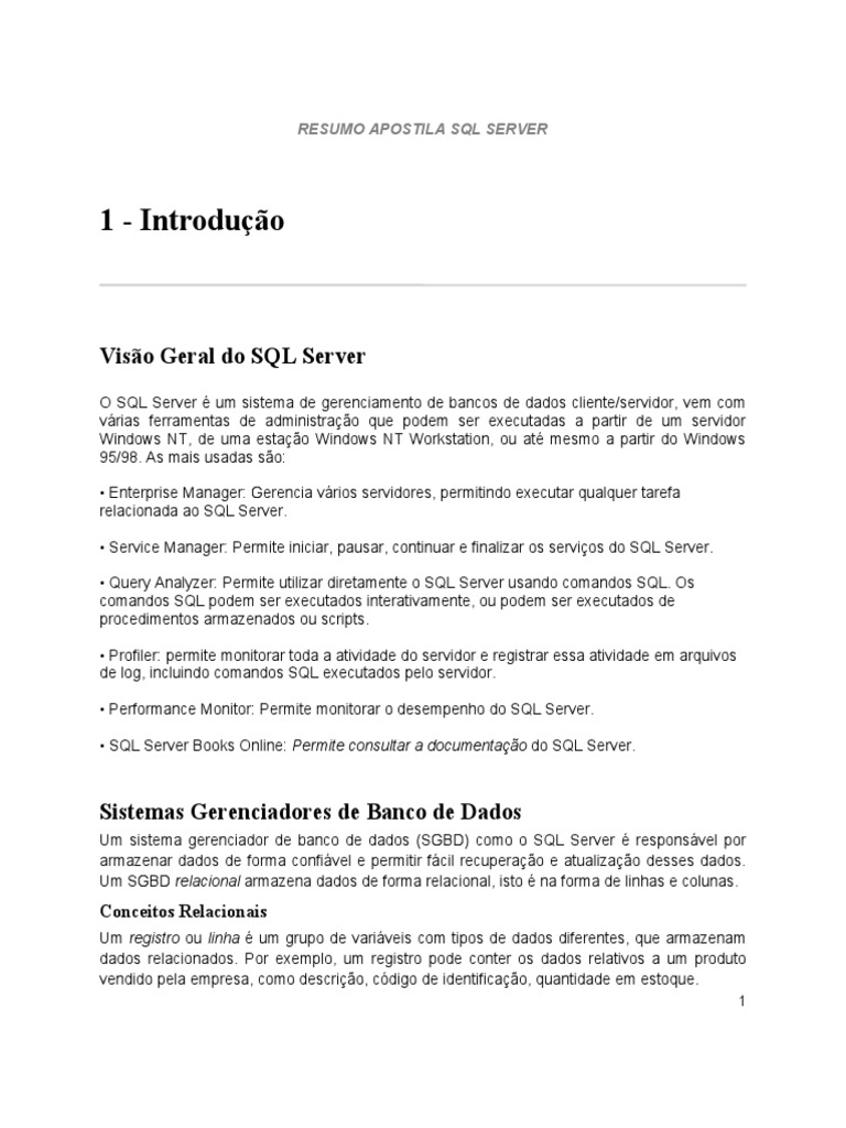 Resumo SQL | PDF | Microsoft SQL Server | Bancos de dados