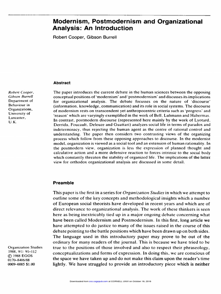 Modernism, Postmodernism and Organizational Analysis: An Introduction | PDF | Reason | Postmodernism