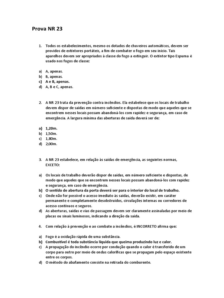 Prova sobre prevenção e combate a incêndios de acordo com a NR 23 | PDF ...