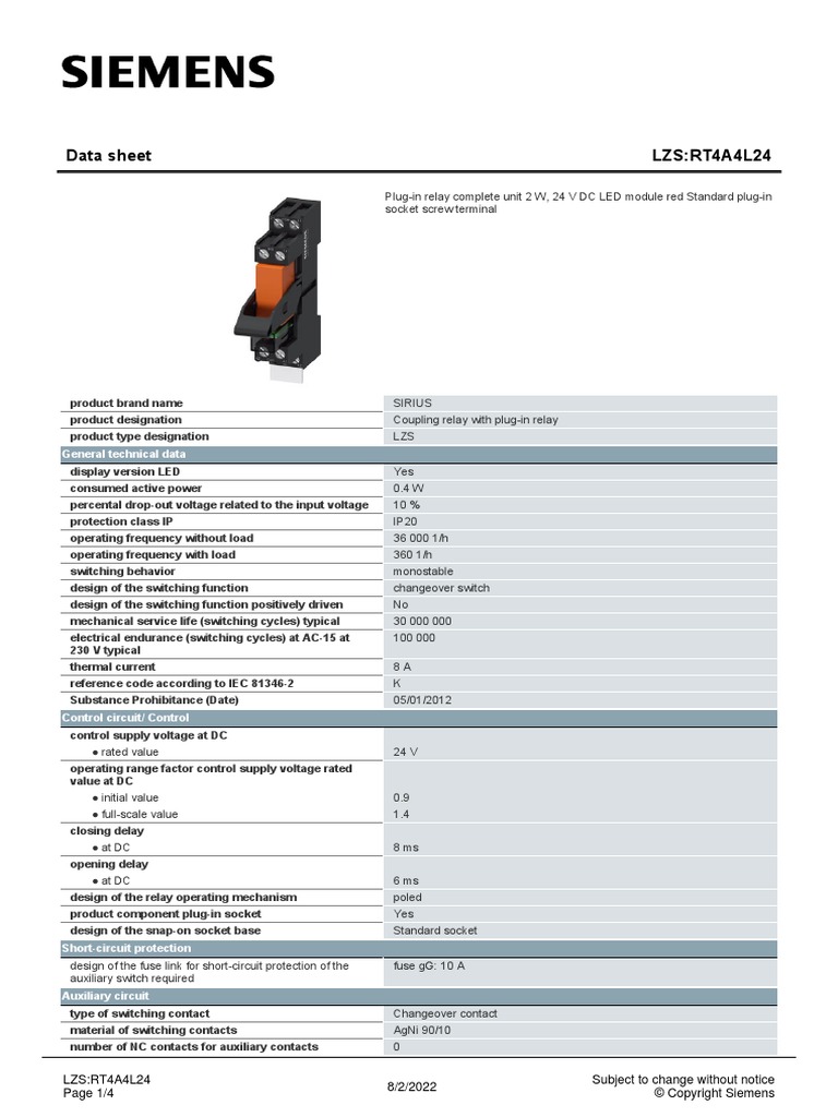 LZS RT4A4L24 Datasheet en | PDF | Relay | Fuse (Electrical)