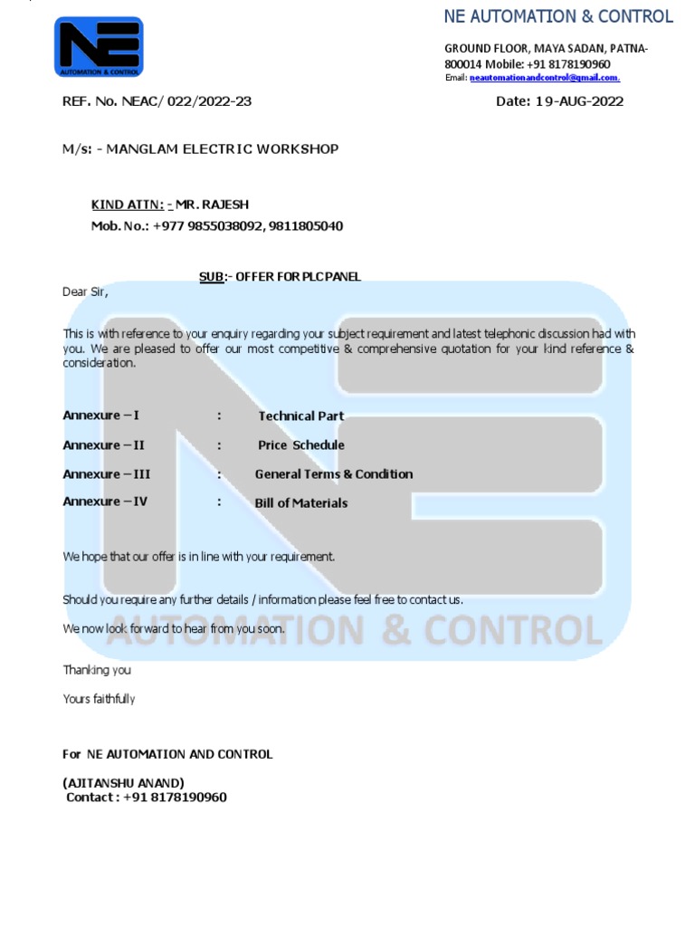 PLC Panel Quotation for Manglam Electric | PDF | Input/Output | Automation