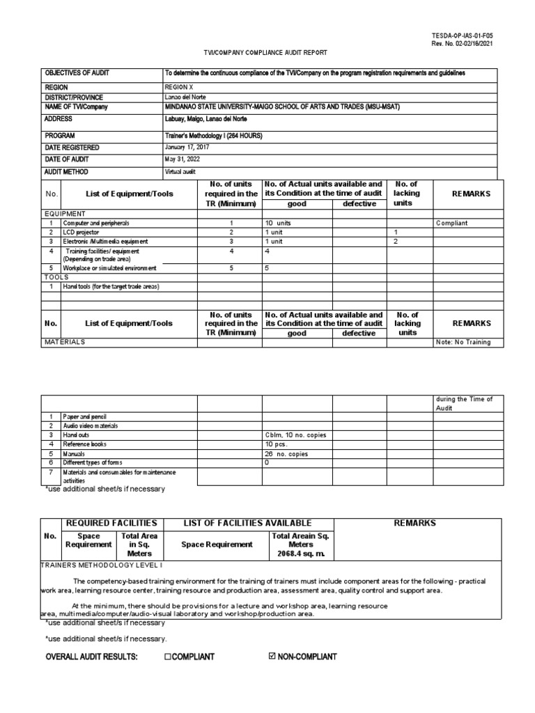 TESDA Compliance Audit Report: MSU-MSAT | PDF | Audit