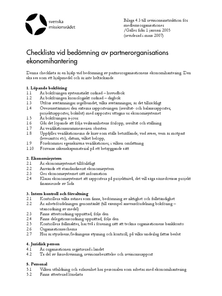 Checklista Vid Bedömning Av Partnerorganisationens Ekonomihantering | PDF