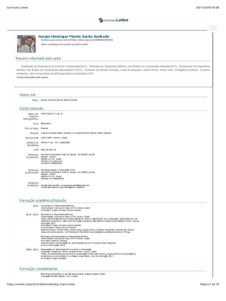 Curriculum Vitae of Sergio Henrique Monte Santo Andrade, Electrical Engineer with Research ...