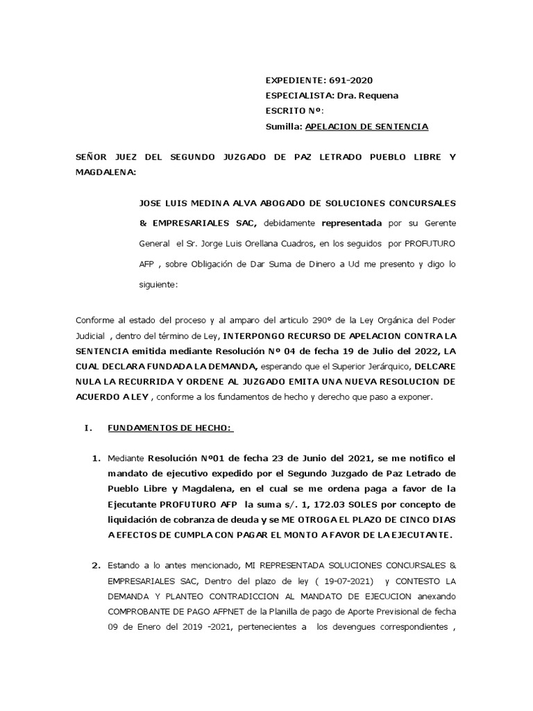 Apelación de sentencia que declara fundada la demanda en proceso de ...