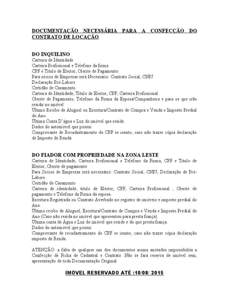Documentos para Contrato de Locação | PDF | Negócios