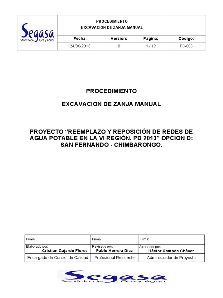 PO-005 Excavacion de Zanja Manual | PDF | Agua | Contaminación