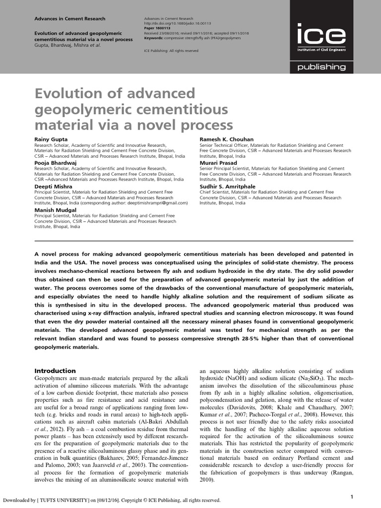 Evolution of Advanced Geopolymeric Cementitious Material Via A Novel ...