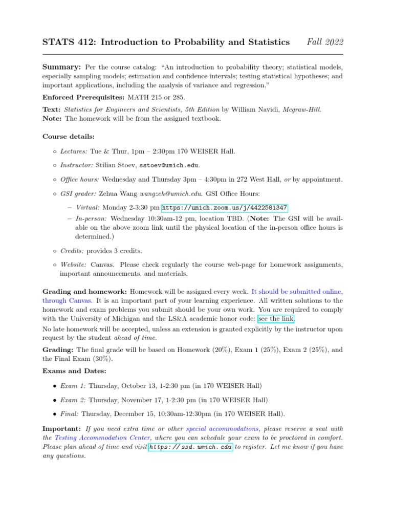 STATS 412: Introduction To Probability and Statistics Fall 2022 | PDF ...