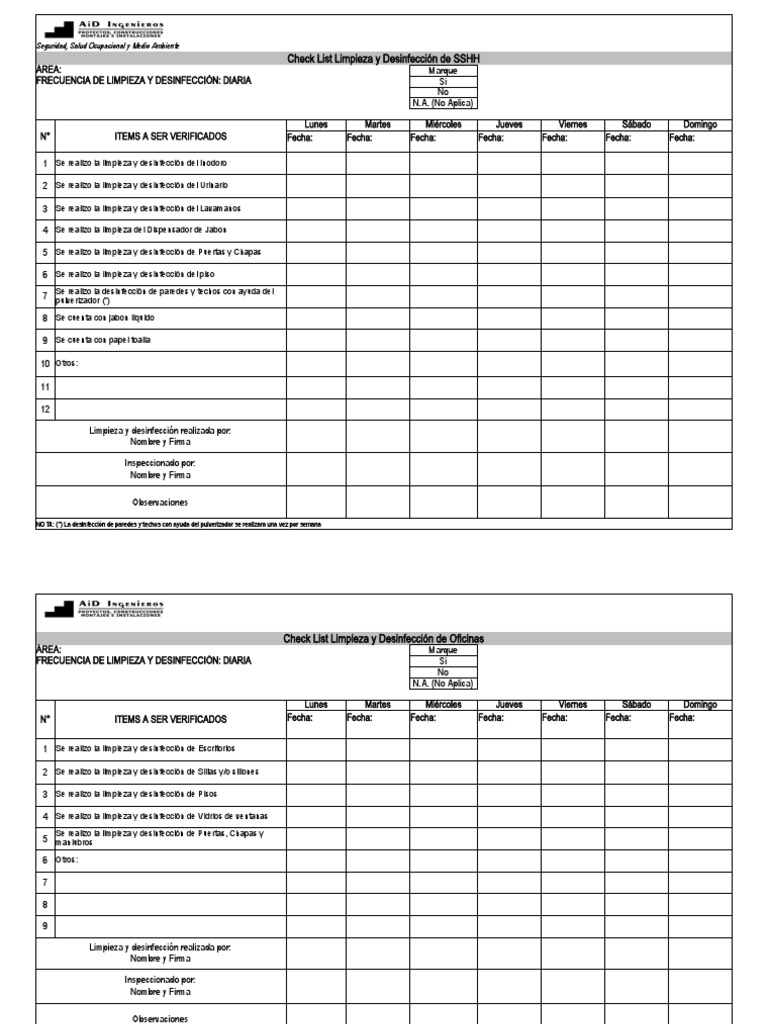 Check List de Limpieza y Desinfección | PDF