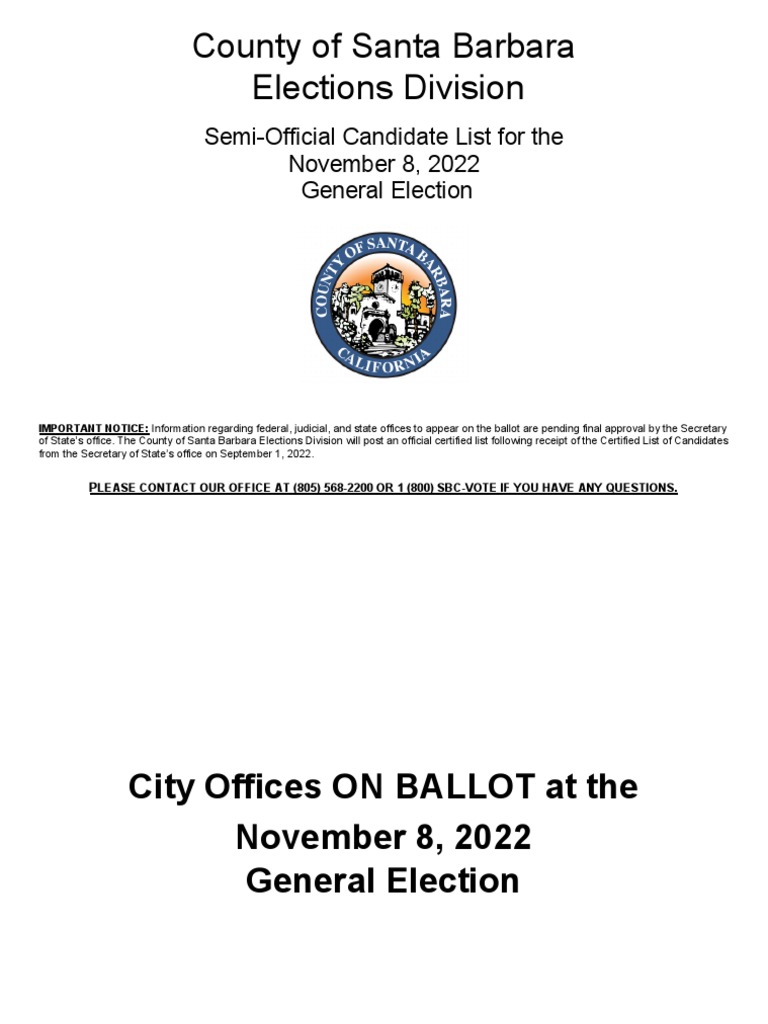 Santa Barbara November 2022 Candidate List | PDF | Fax ...