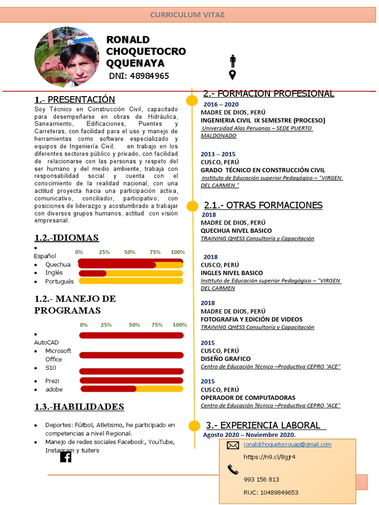 Cv-Ronald Choquetocro Qquenaya | PDF | Perú | Ingeniería