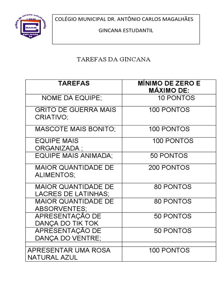 TAREFAS DA GINCANA | PDF