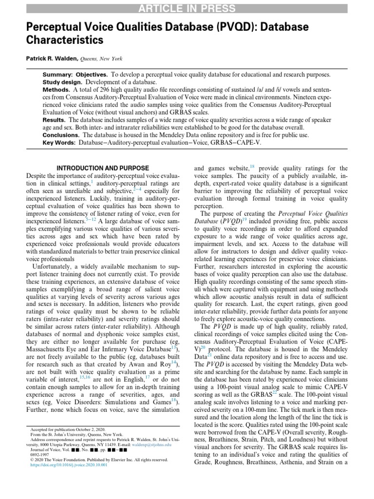 Perceptual Voice Qualities Database Database Characteristics | PDF ...