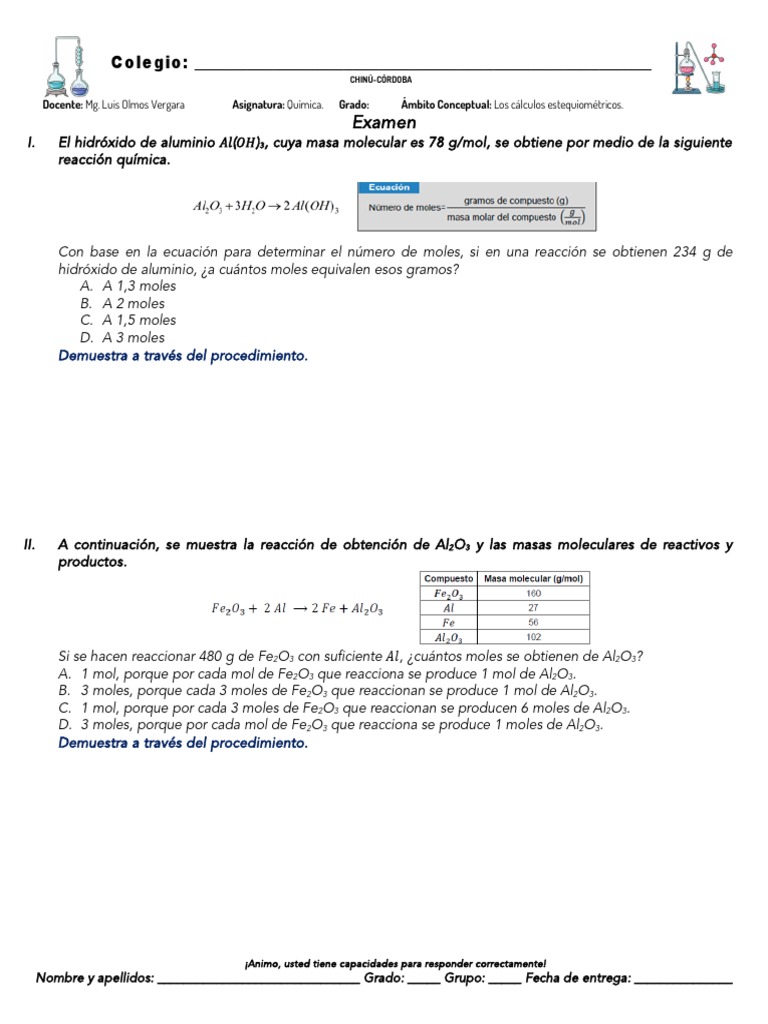 Examen de Cálculos Estequiométricos | PDF | Estequiometría | Mole (Unidad)