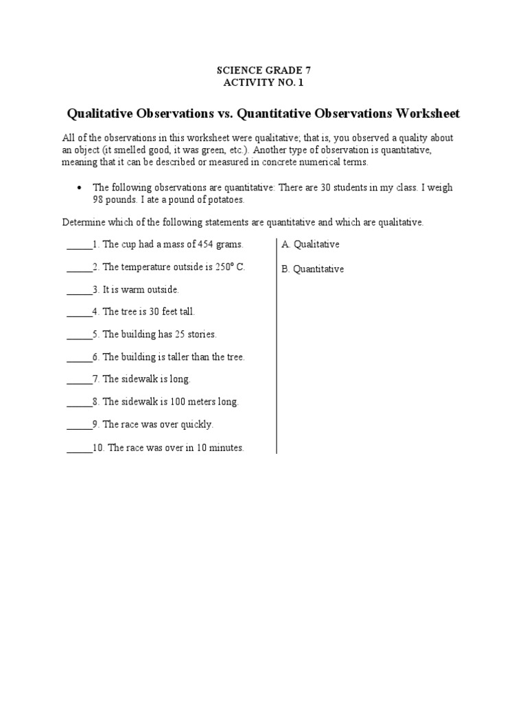 Qualitative Observations vs. Quantitative Observations Worksheet | PDF