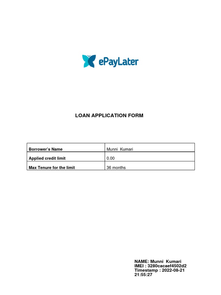 Loan Application Form: Borrower's Name Applied Credit Limit Max Tenure ...