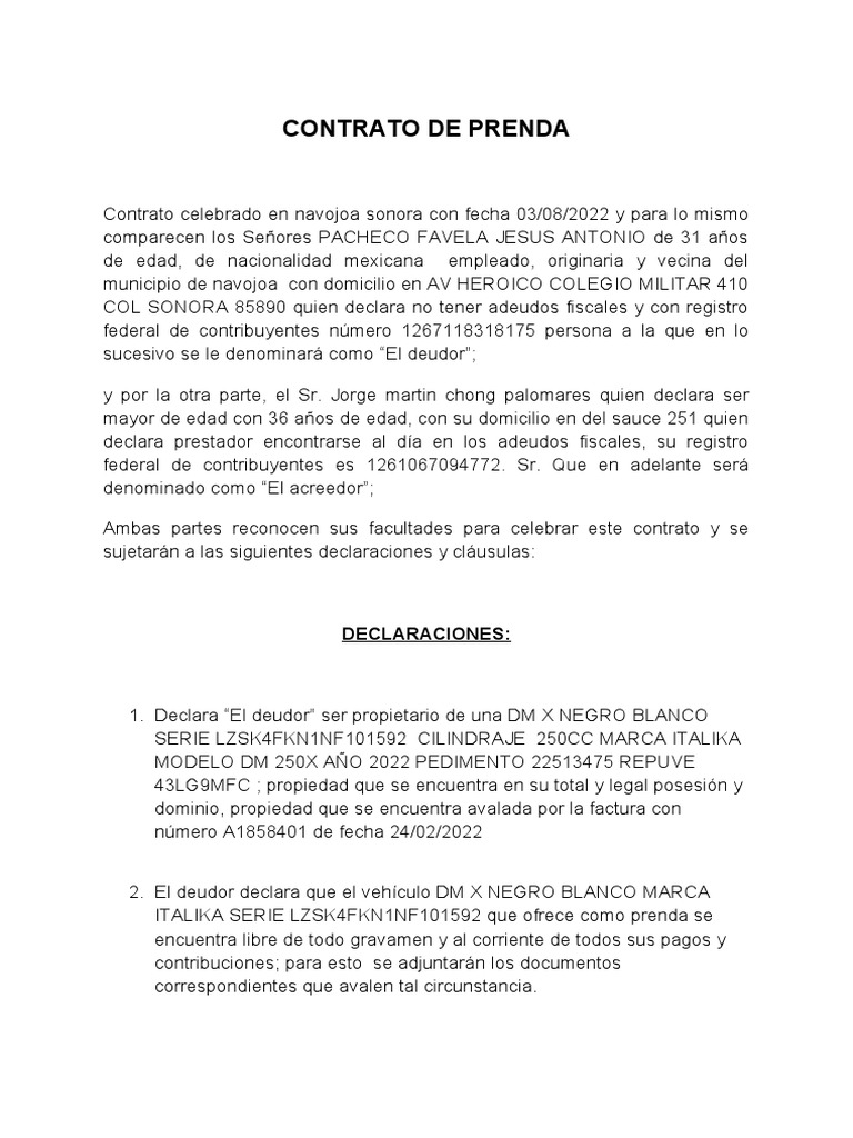 Contrato de Prenda Vehicular 2022 | PDF | Justicia | Crimen y violencia