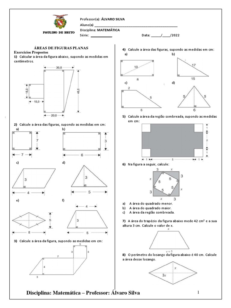 Lista - 01 Áreas de Figuras Planas | PDF | Círculo | Triângulo